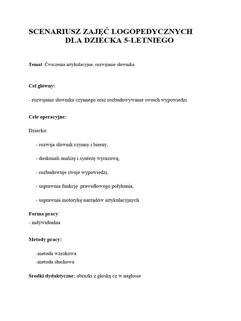 Scenariusz Zajęć Logopedycznych | PDF