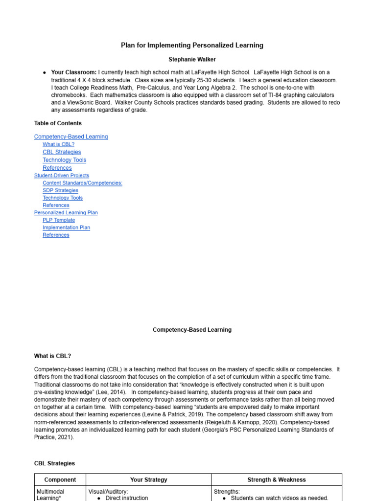 Stephanie Walker Itec 7600 Plan For Implementing Personalized Learning Template | PDF ...