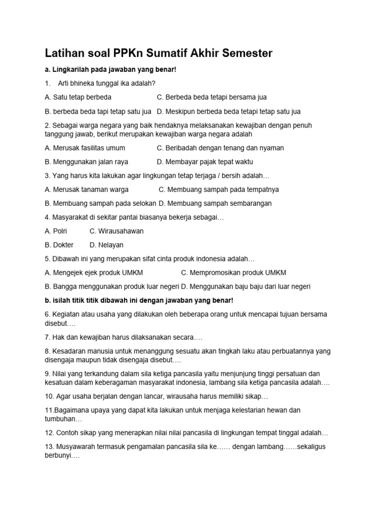 Latihan Soal PPKN Sumatif Akhir Semester - Kelas 6 | PDF | Seni & Disiplin Bahasa