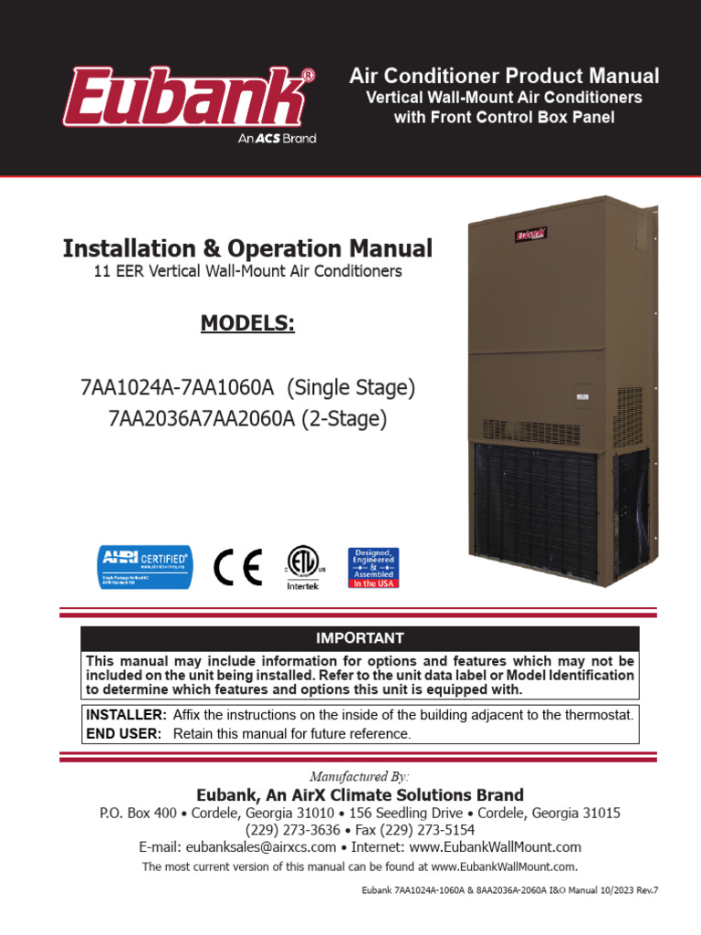 7AA1024A-1060A-2036A-2060A Wall Mount AC Manual Rev.7 | PDF ...