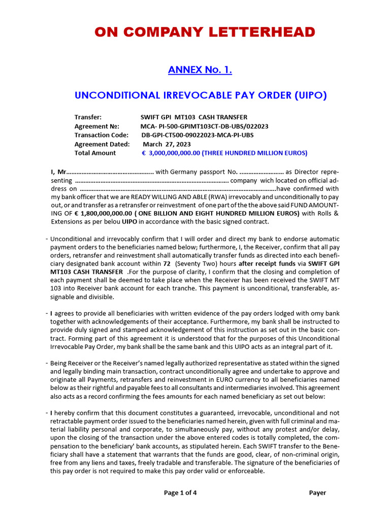 UIPO (Unconditional Irrevocable Pay Order) DRAFT | PDF | Payments | Banks