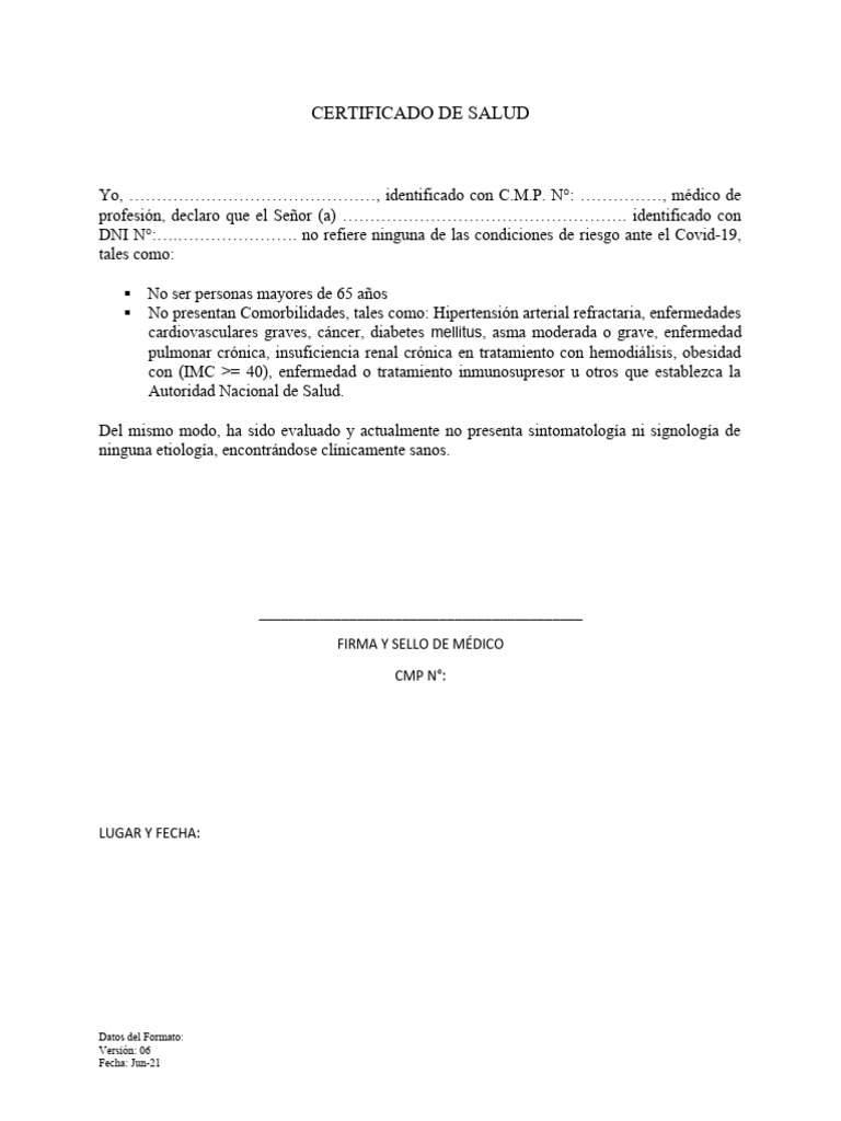 Formato N° 3 Certificado de Salud del trabajador_v.06 | PDF