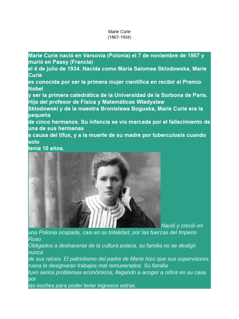 Biografía de Marie Curie: Logros y Aportaciones | PDF | Marie Curie