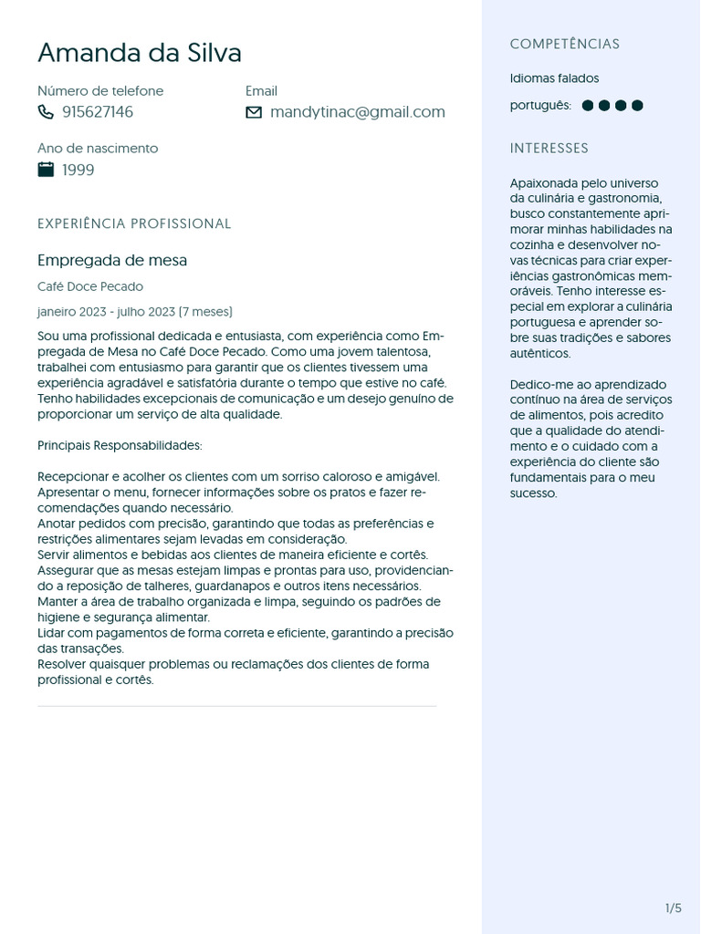 Currículo de Amanda da Silva | PDF | Culinária | Atendimento ao cliente