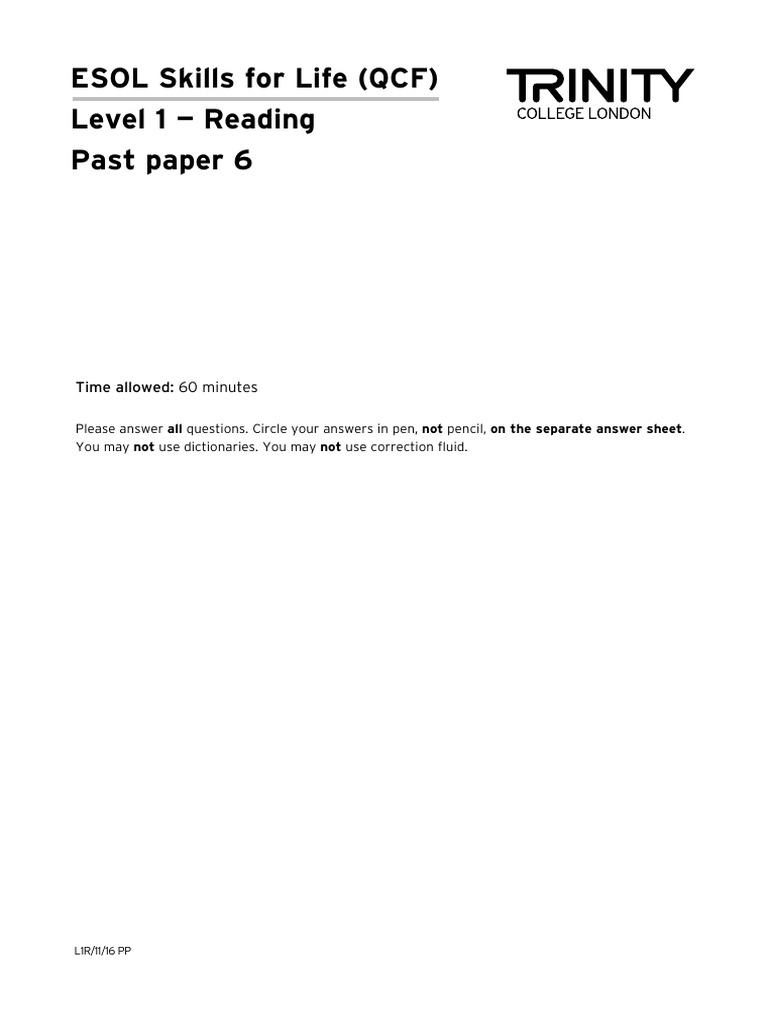 Past Exam Paper 6 - SFL L1 Reading | PDF Past Exam Paper 6 - SFL L1 Reading | PDF