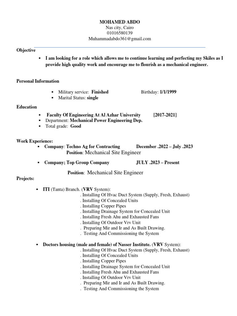 Mohamed Abdo, Mech - Site..Eng, 2021 CV | PDF | Heat Transfer | Temperature