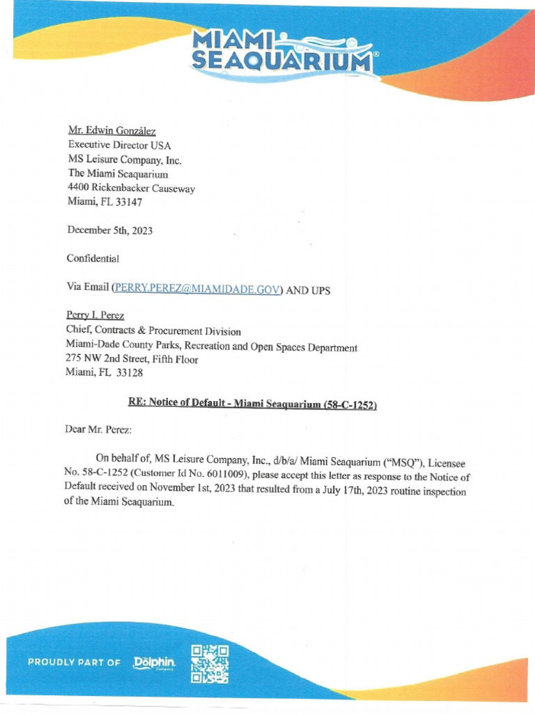 Miami Dade Letter Seaquarium USDA Response 12-5-23 | PDF