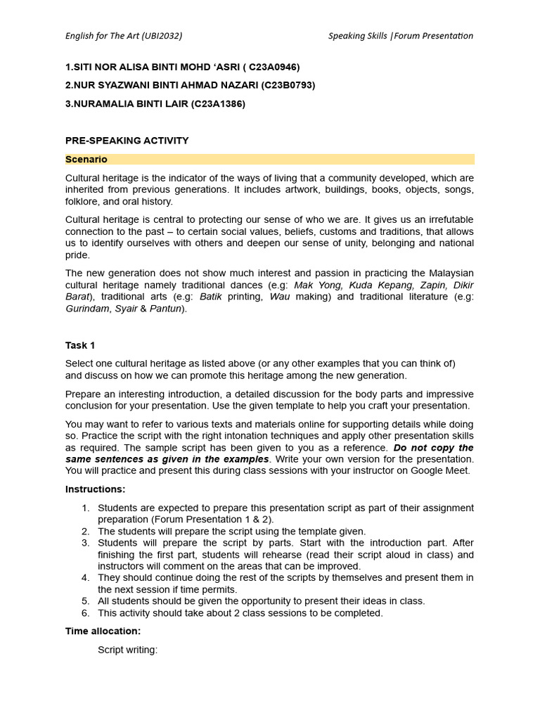 Pre Speaking Activity-1 | PDF | Cultural Heritage