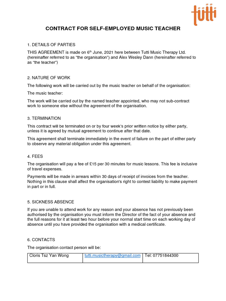 Self-Employed Music Teacher Contract | PDF | Economies | Business Law