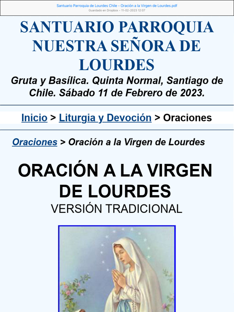Santuario Parroquia De Lourdes Chile Oración A La Virgen De Lourdes Pdf