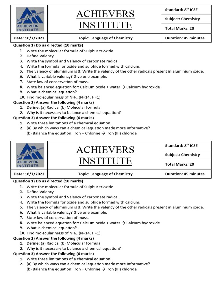 8th ICSE Chemistry Test: Language | PDF | Oxide | Valence (Chemistry)