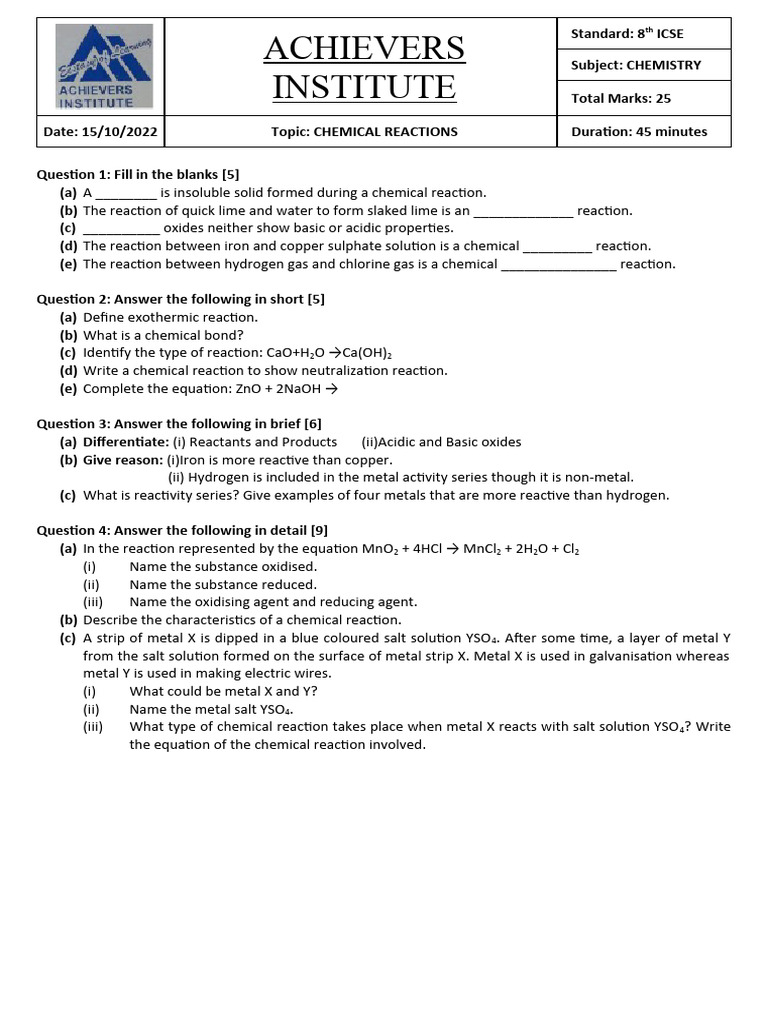 Chemical Reactions Test Paper | PDF
