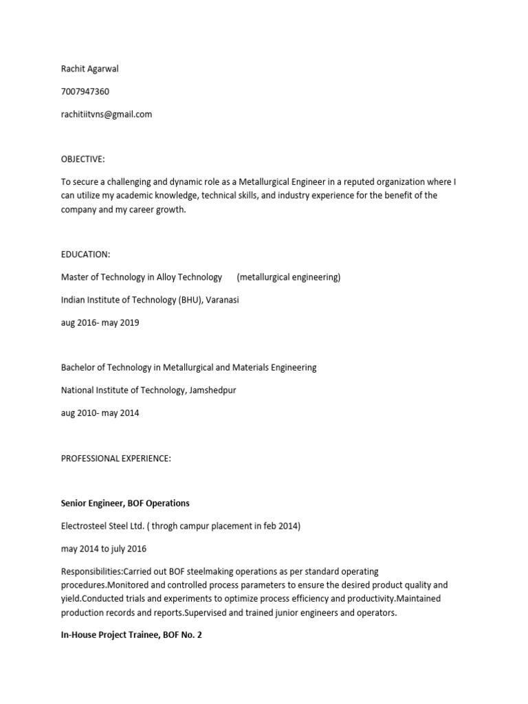 Rachit CV | PDF | Steel | Steelmaking
