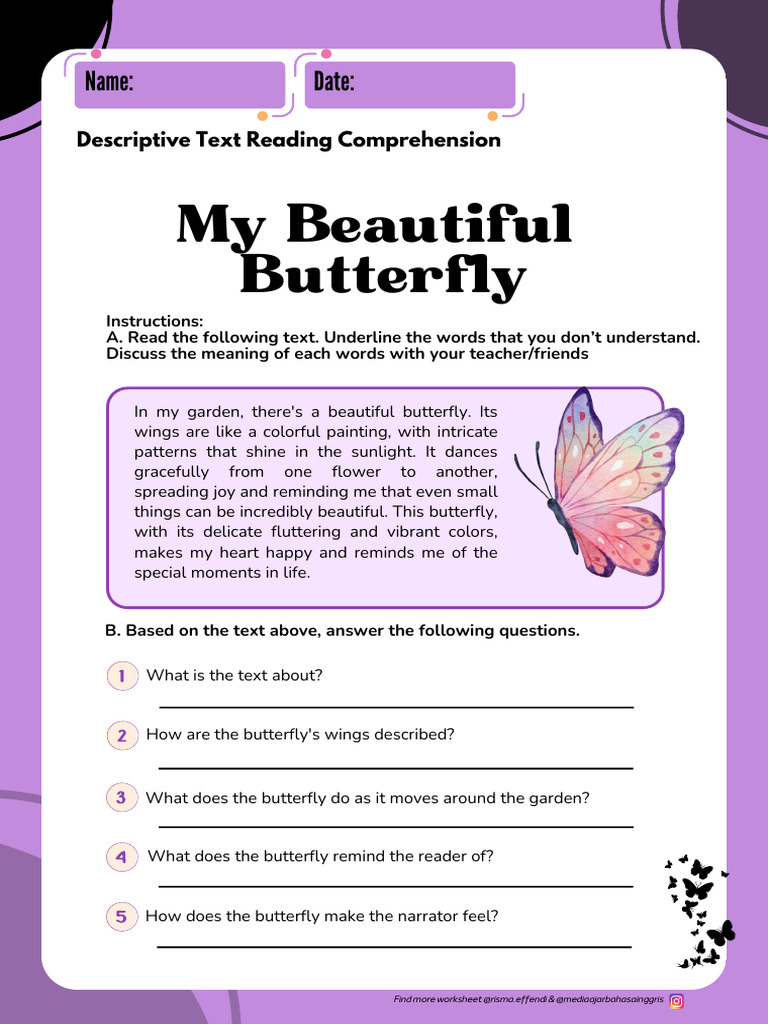 Descriptive Text Worksheet: Butterfly & Cat | PDF | General Fiction