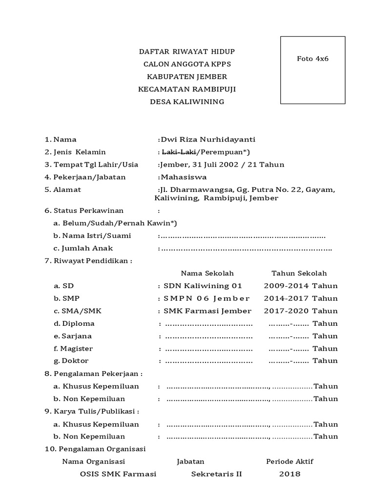 Daftar Riwayat Hidup KPPS | PDF