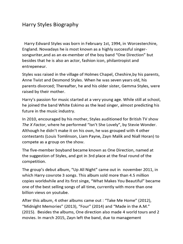 Harry Styles Biography | PDF | One Direction