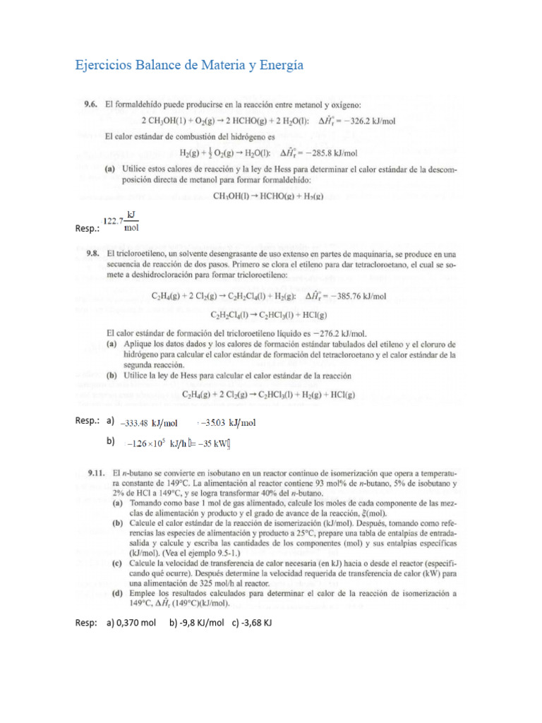 Ejercicios Balance de Materia y Energía_Resueltos Felder | PDF