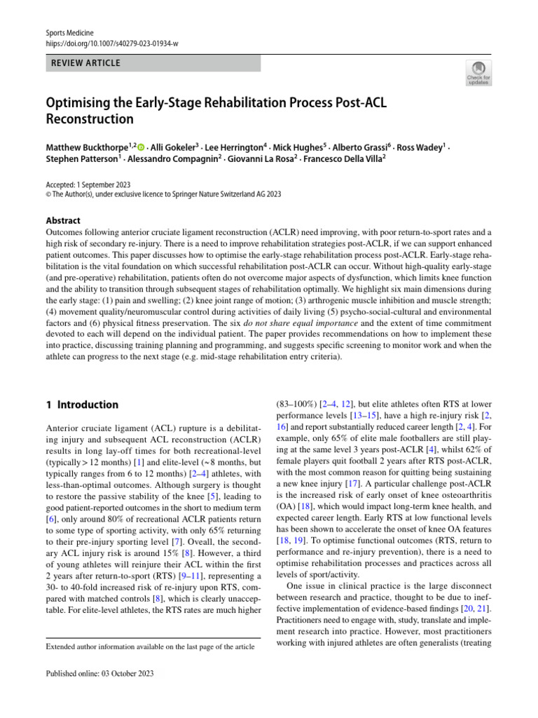 Buckthorpe Etal 23 Optimising Early Stage ACL Rehab Process | PDF | Knee | Physical Therapy