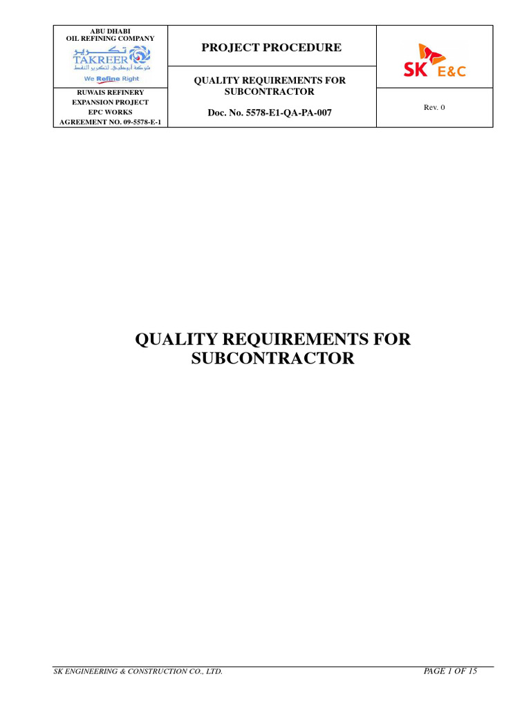 Quality Requirements For Subcontractor: Project Procedure | PDF | Specification (Technical ...