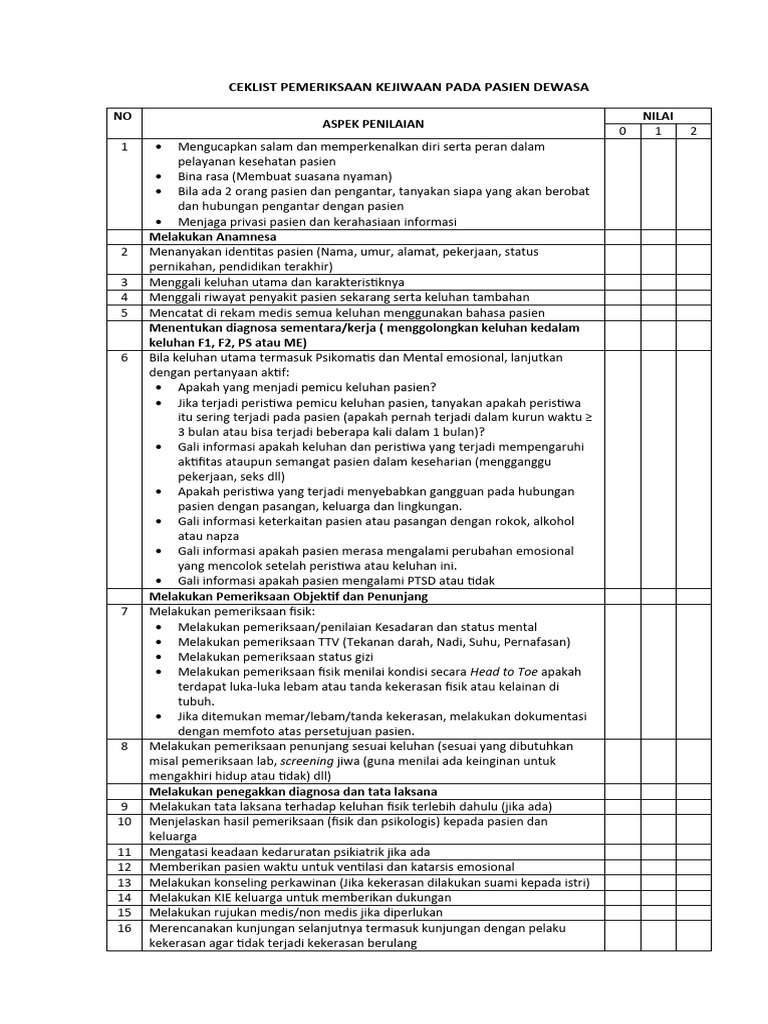 Ceklist Pemeriksaan Kejiwaan Pada Pasien Dewasa | PDF