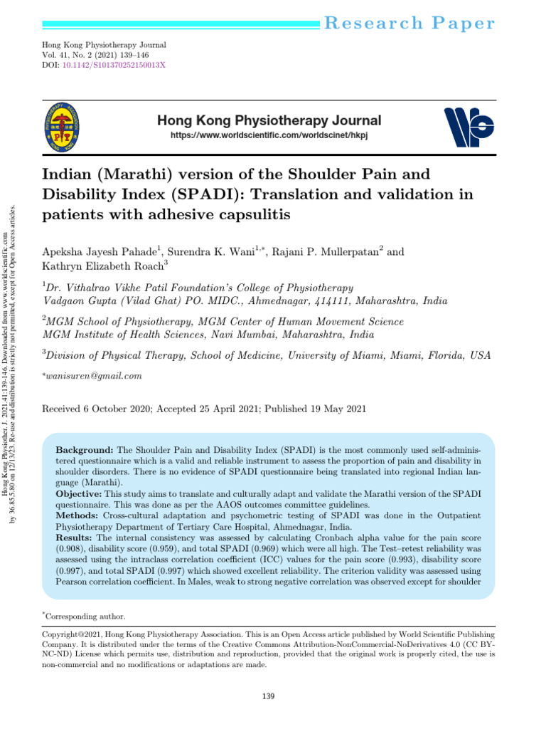 Pahade Et Al 2021 Indian (Marathi) Version of The Shoulder Pain and ...