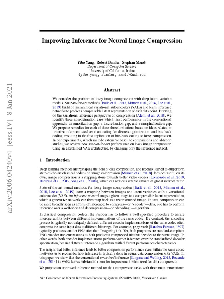 Improving Inference For Neural Image Compression | PDF | Data Compression | Deep Learning