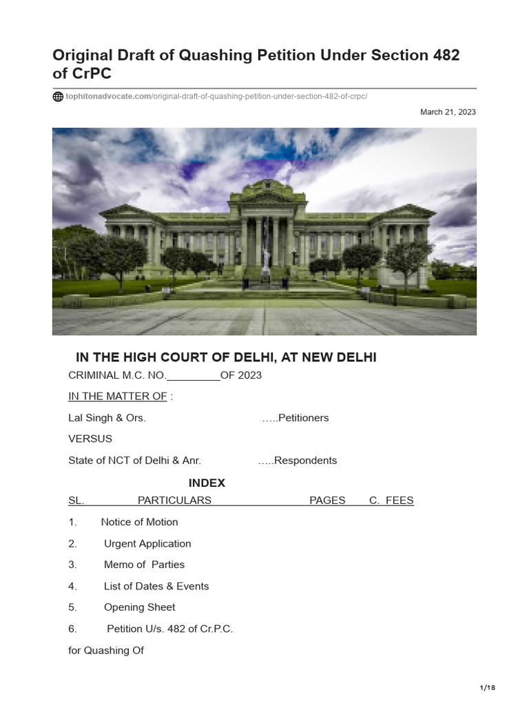 Original Draft of Quashing Petition Under Section 482 of CRPC | PDF ... Original Draft of Quashing Petition Under Section 482 of CRPC | PDF ...
