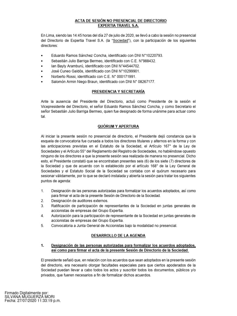 Modelo de Acta No Presencial de Directorio | PDF | Derecho