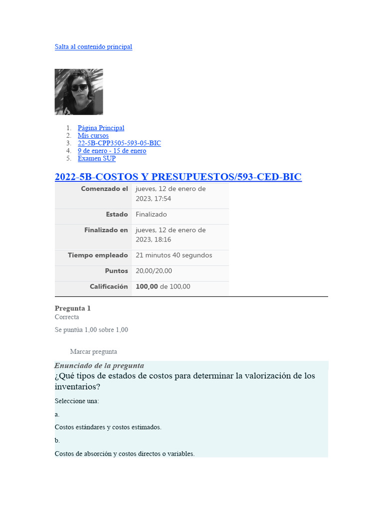 Examen Sup Costos y Presupuestos | PDF | Presupuesto | Negocios económicos