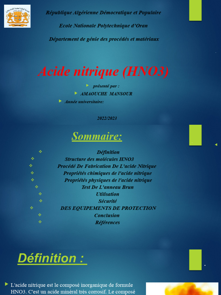 Acide Nitrique : Propriétés et Fabrication | PDF | Acide nitrique | Acide