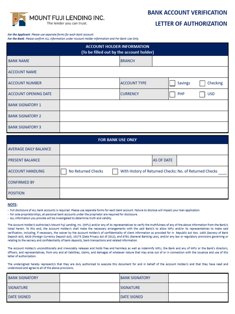 Bank Account Verification Letter of Authorization: Account Holder ...