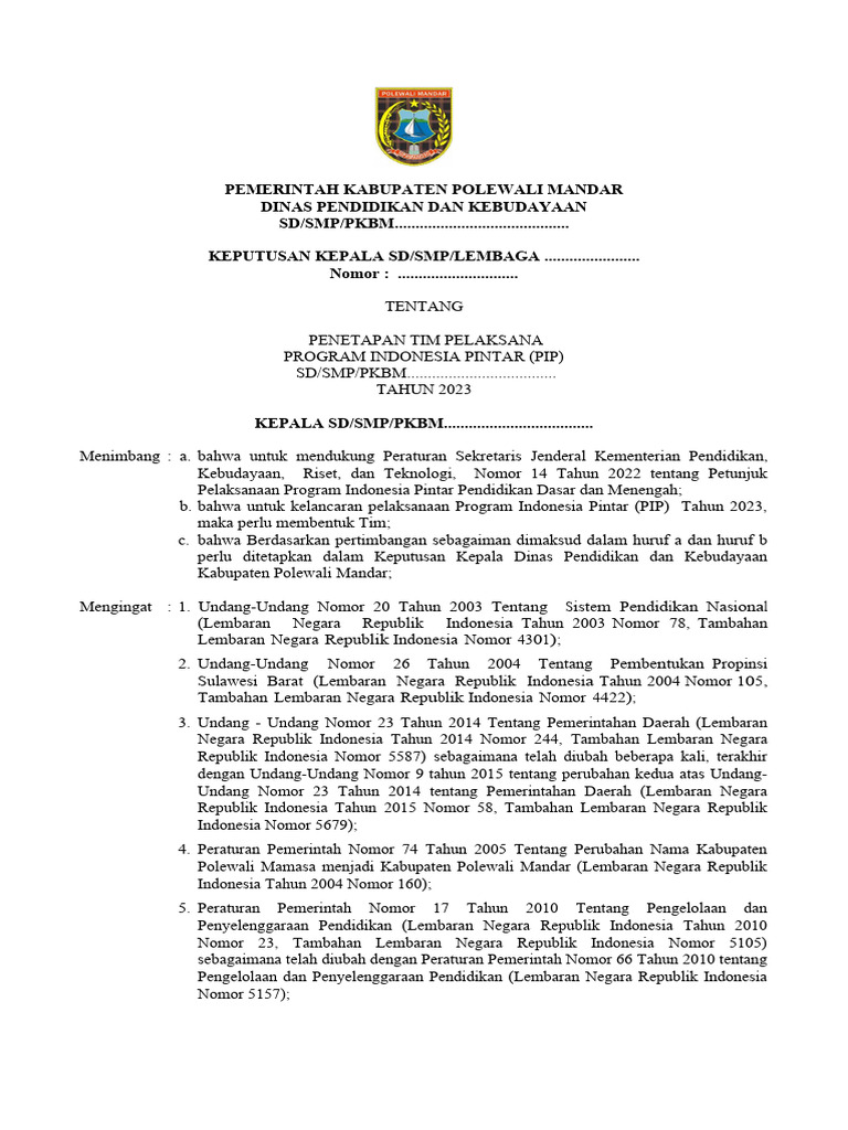 Contoh SK PIP Satuan Pendidikan | PDF