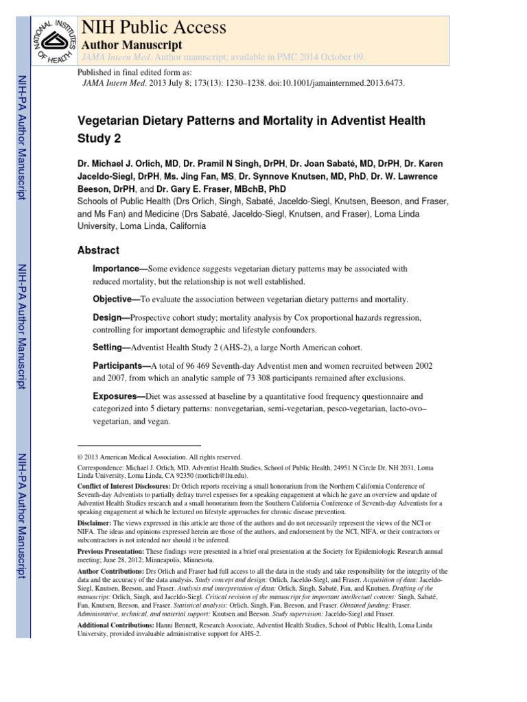 Vegetarian Dietary Patterns and Mortality in Adventist Health | PDF ...