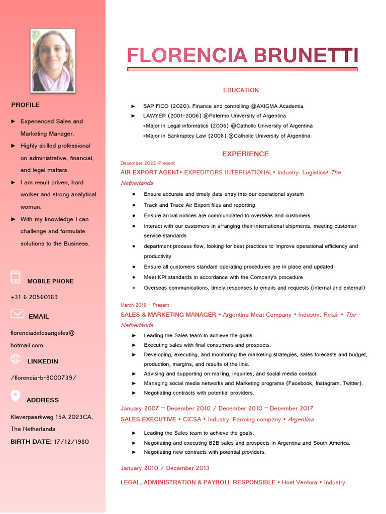 Florencia Brunetti CV Dec 2022 English | PDF | Sales | Marketing