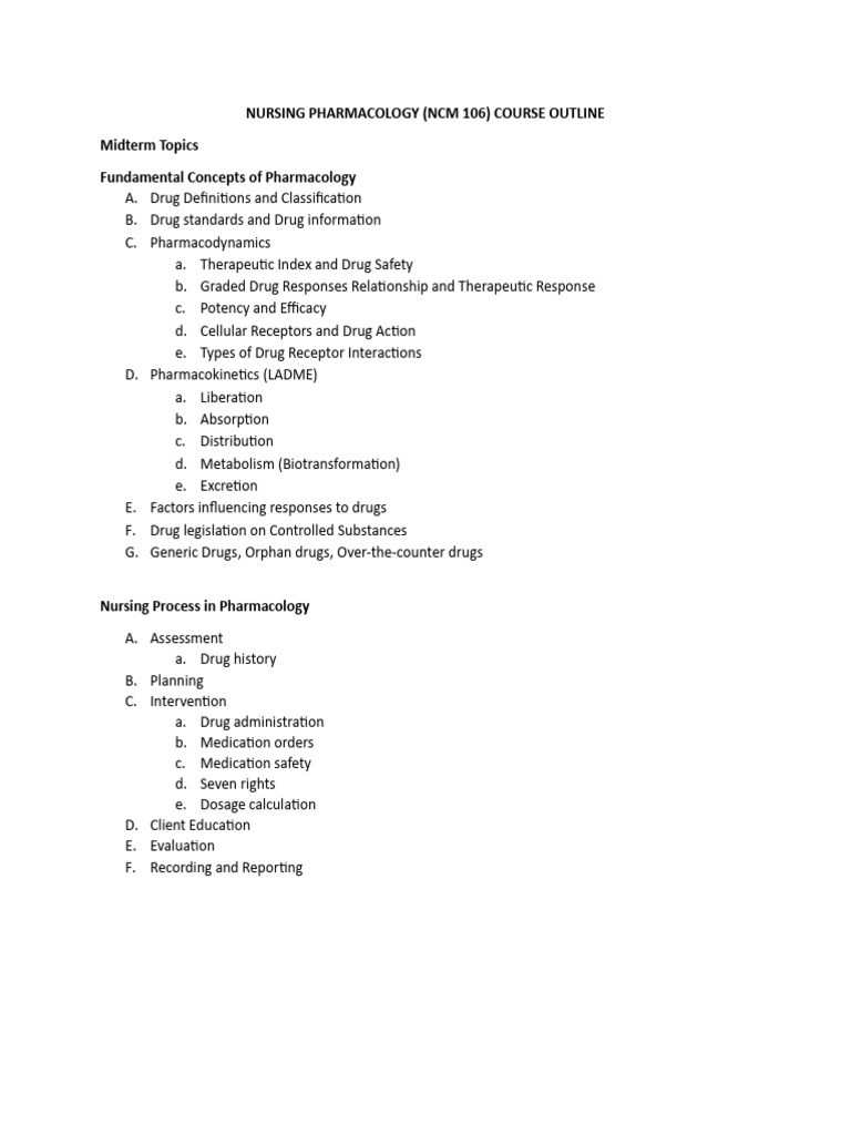 NCM 106 Course Outline | PDF | Pharmacology | Drugs