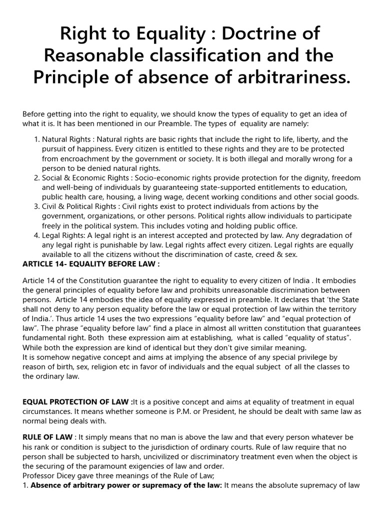 Right To Equality Doctrine Of Reasonable Classification And The Principle Of Absence Of