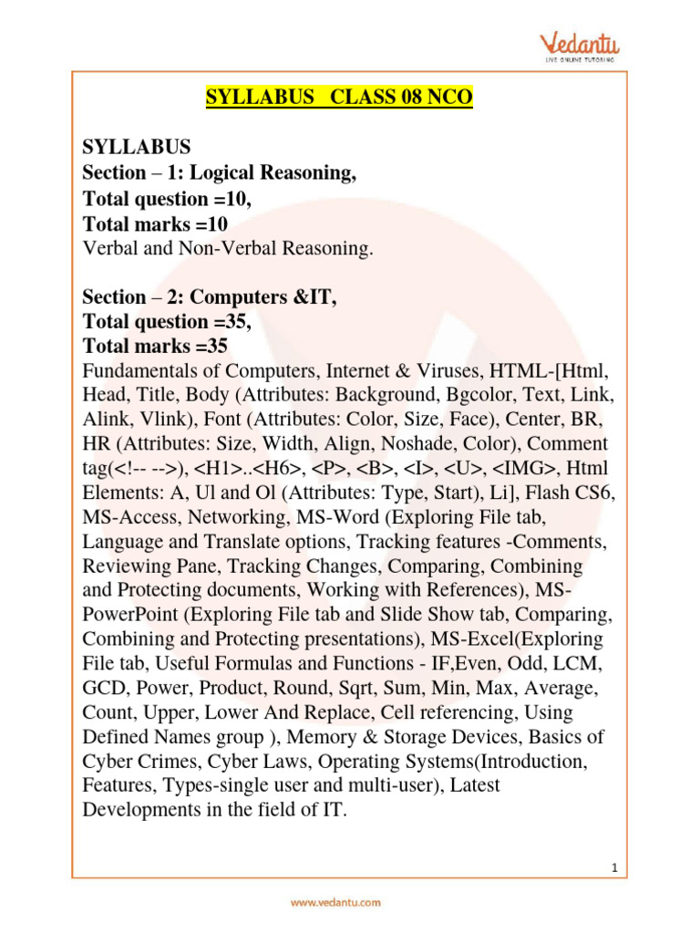 NCO Olympiad Class 8 Syllabus | PDF | Teaching Methods & Materials ...