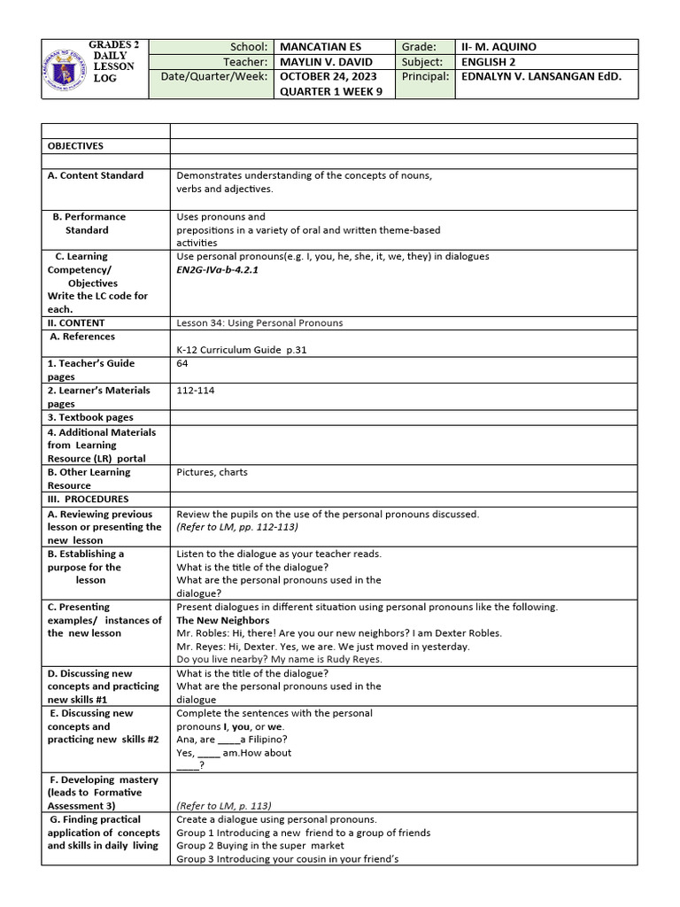Grade 2 Lesson Plan: Personal Pronouns | PDF | Pronoun | English Language