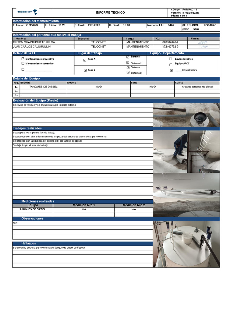 It 5169 For - Pac - 16 - Formato - Informe - Tecnico Mtto - Preventivo - Tanque 1 de Diesel ...