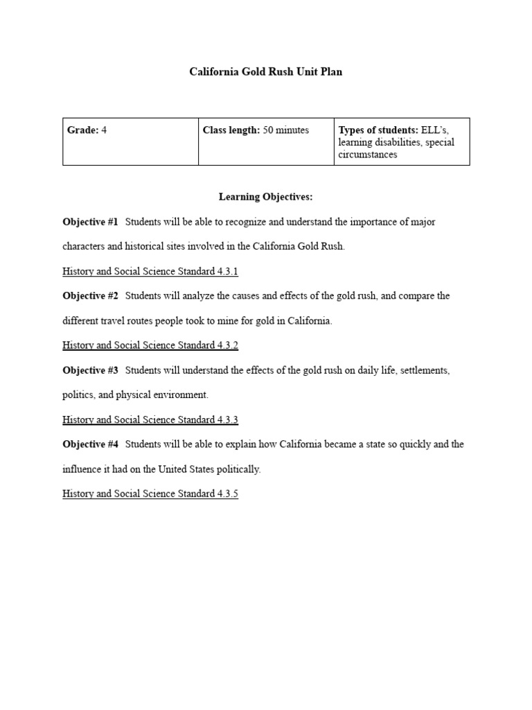 gold rush unit plan final social studies | PDF | California | Learning