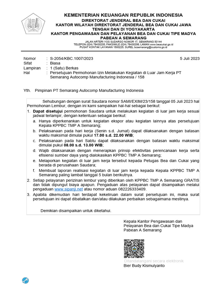 Persetujuan Permohonan Izin Melakukan Kegiatan Di Luar Jam Kerja PT ...