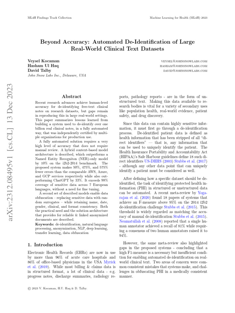 Beyond Accuracy: Automated De-Identification of Large Real-World Clinical Text Datasets | PDF ...