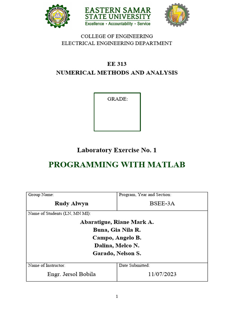 EE 313 Laboratory Exercise No. 1 Format | PDF | Screenshot | Matlab