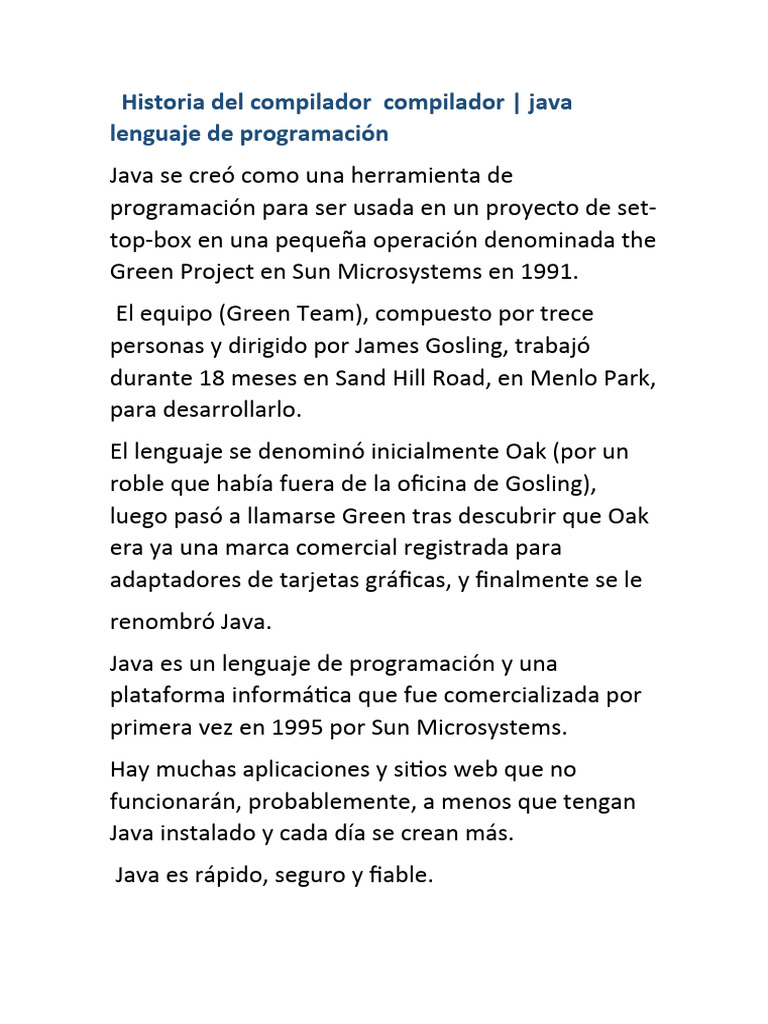 Historia Del Compilador Compilador | PDF | Java (lenguaje de programación) | Compilador