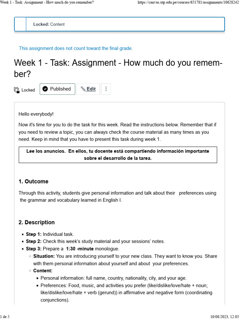 Week 1 Speaking Task Assignment | PDF | Human Communication | Linguistics