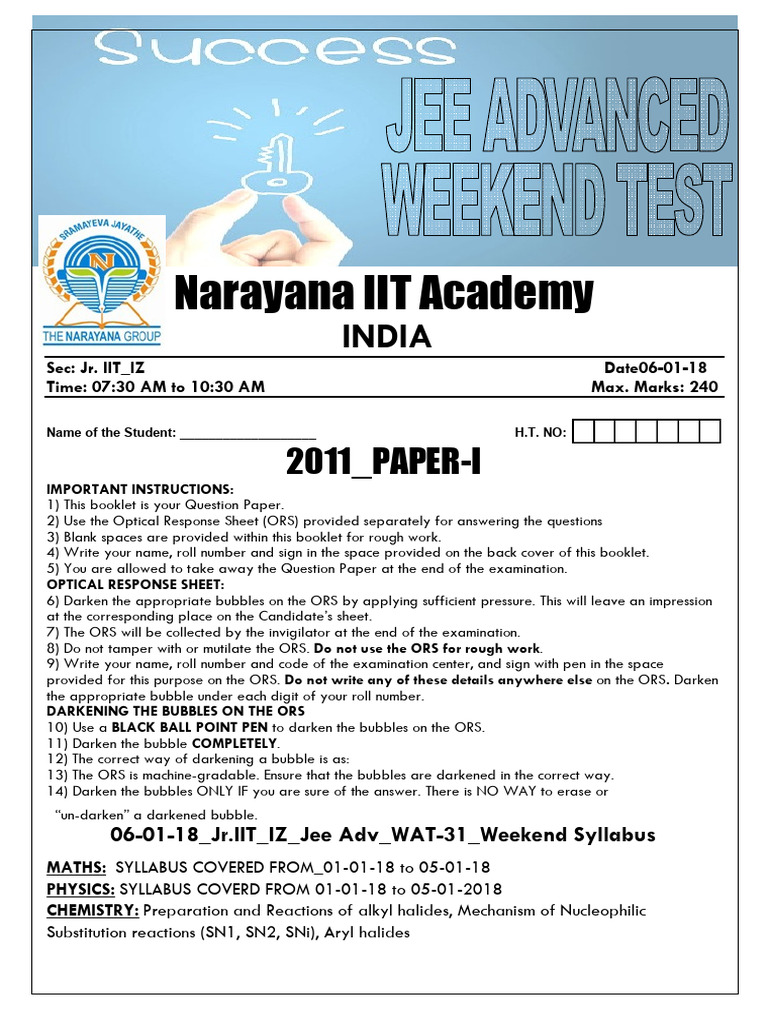 06-01-17 JR - IIT IZ Jee-Adv 2011-P1 WAT-31 QP | PDF | Teaching Methods & Materials