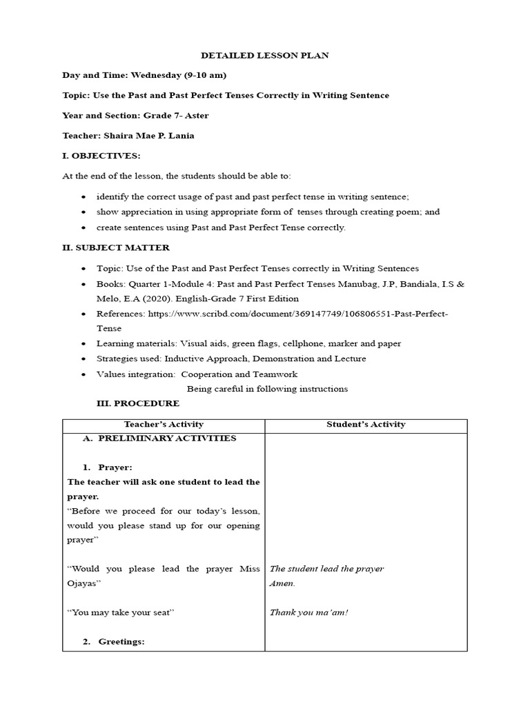 TTL 1 Detailed Lesson Plan 1 | PDF | Grammatical Tense | Verb