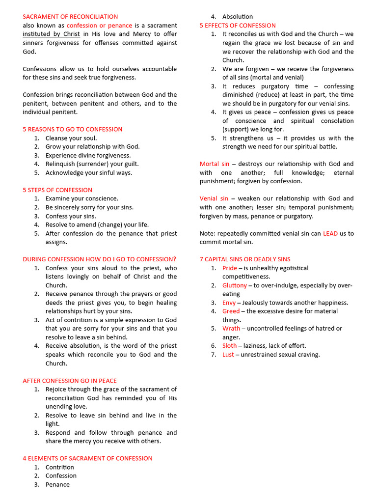 SACRAMENT OF RECONCILIATION | PDF | Penance | Seven Deadly Sins