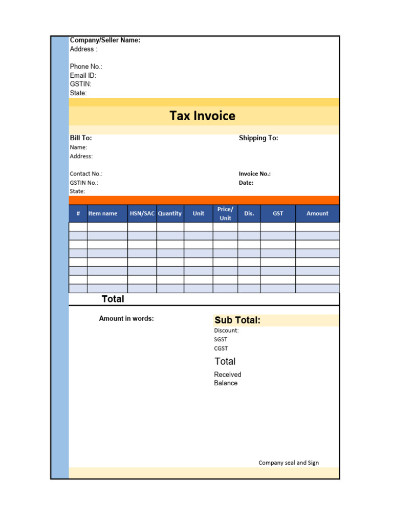 GST Tax Invoice Format Template | PDF