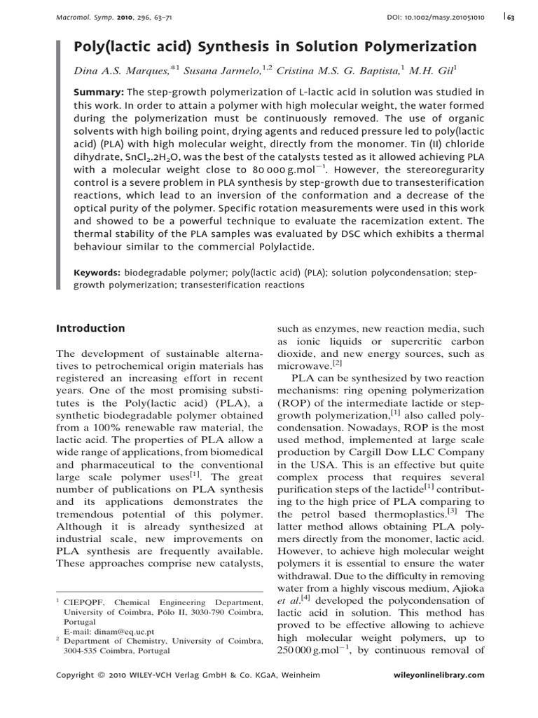 Polylactic Acid Synthesis With Polymerization | PDF | Polymerization | Polymers